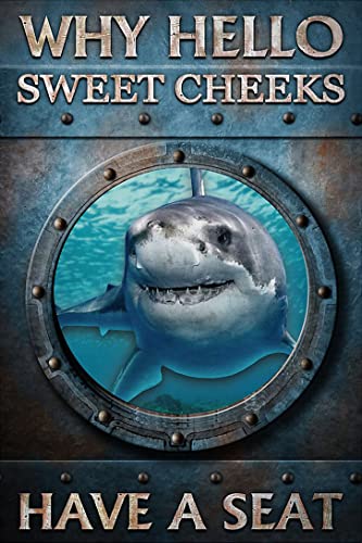 Mocozim Rustic Retro Metal Tin Sign Shark Window Ocean Why Hello Sweet Cheeks Poster Bathroom Signs Wall Decor Vintage Bathroom Retro Farmhouse Home Restroom Toilet Bath Signs Wall Decor (8X12Inch)