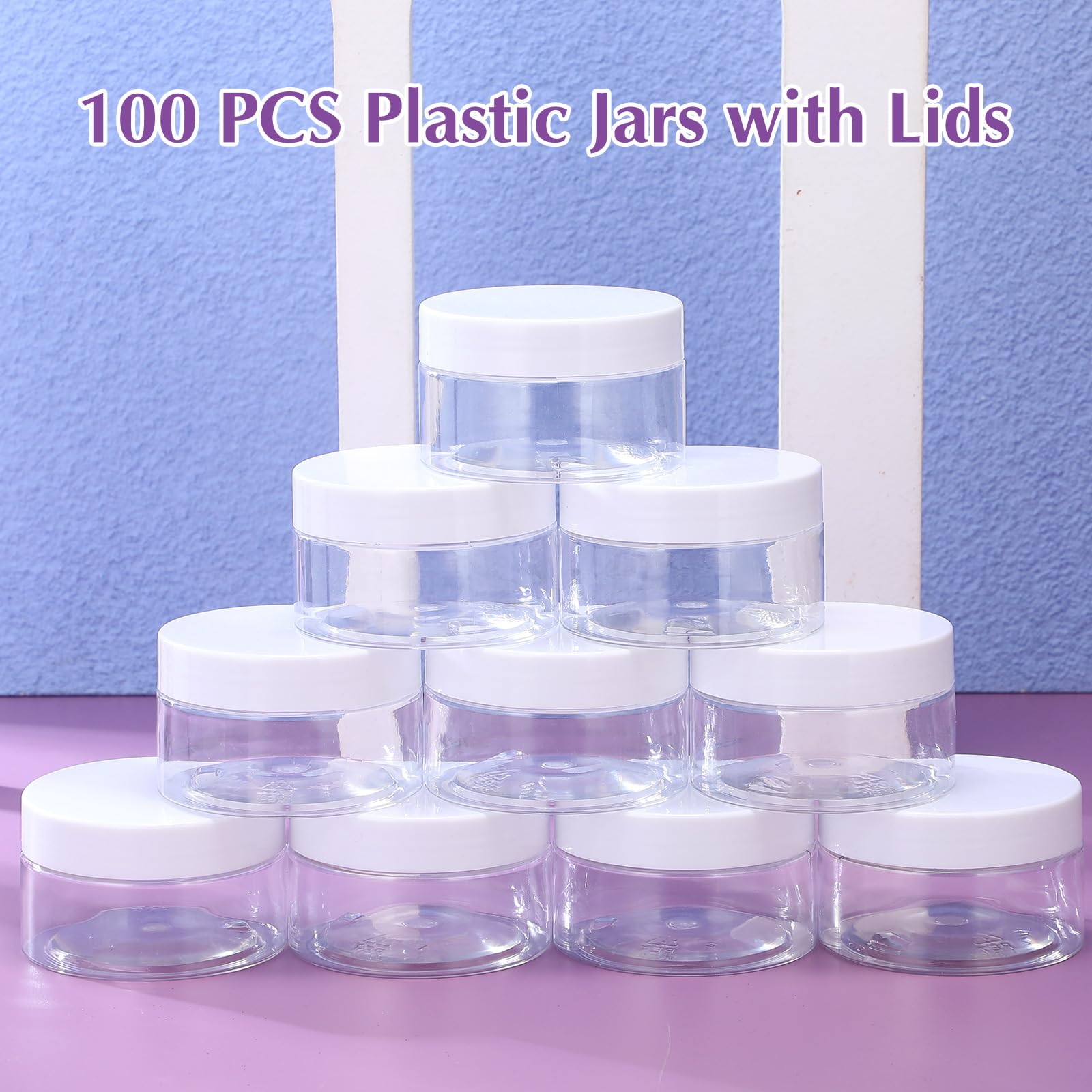 SATINIOR 100 Pcs Plastic Jars with Lids Small Containers Lids Wide Mouth Small Plastic Containers for Lotion Cream Rhinestones Body Butters Travel Storage(4 oz,Clear with White Lid)