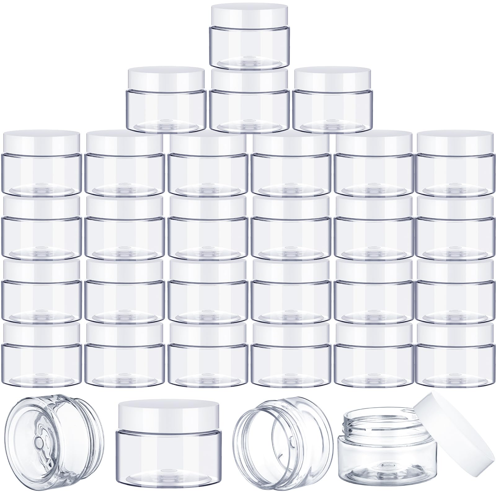 SATINIOR 100 Pcs Plastic Jars with Lids Small Containers Lids Wide Mouth Small Plastic Containers for Lotion Cream Rhinestones Body Butters Travel Storage(4 oz,Clear with White Lid)