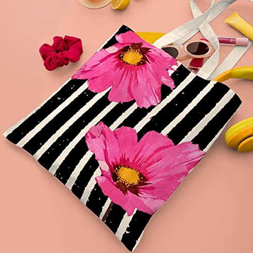 Canvas Shoulder Bag 15x18 Inch,Flowers Stripe Tote Bag for Books,Birthday Inspirational Gifts for Kids Girls Women