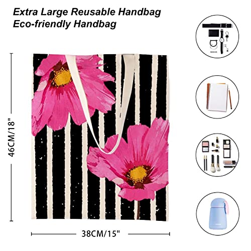 Canvas Shoulder Bag 15x18 Inch,Flowers Stripe Tote Bag for Books,Birthday Inspirational Gifts for Kids Girls Women