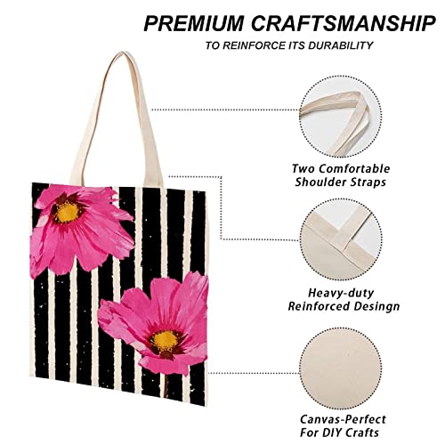 Canvas Shoulder Bag 15x18 Inch,Flowers Stripe Tote Bag for Books,Birthday Inspirational Gifts for Kids Girls Women
