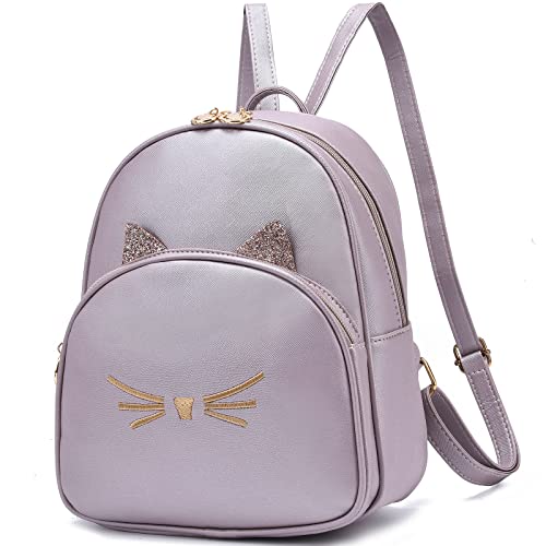 ARDIKAMA Mini Backpack Purse for Girls Teens Women Small Fashion Backpack PU Leather Shoulder Backpacks with Cat Print Pearlescent Violet