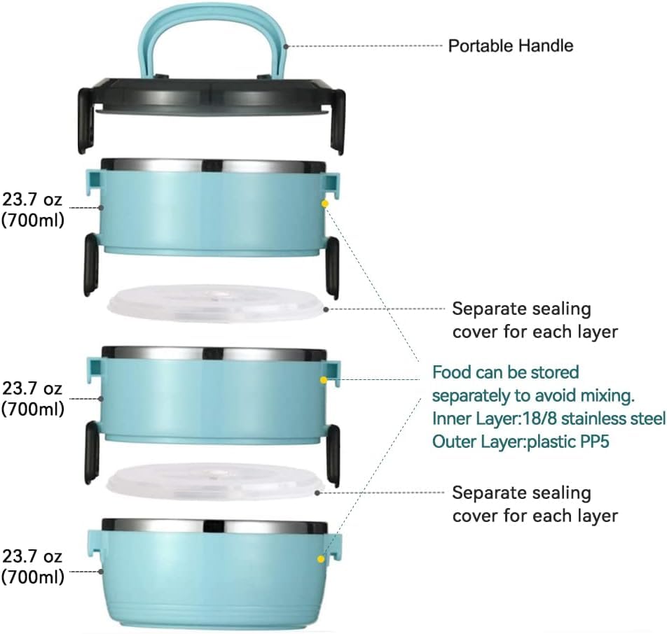 ArderLive Bento Lunch Box, Stackable Themral Insulated Lunch Container, Stainless Steel Leakproof Bento Box with Denim Lunch Bag & Cutlery for Adults(3 Layer,Blue)