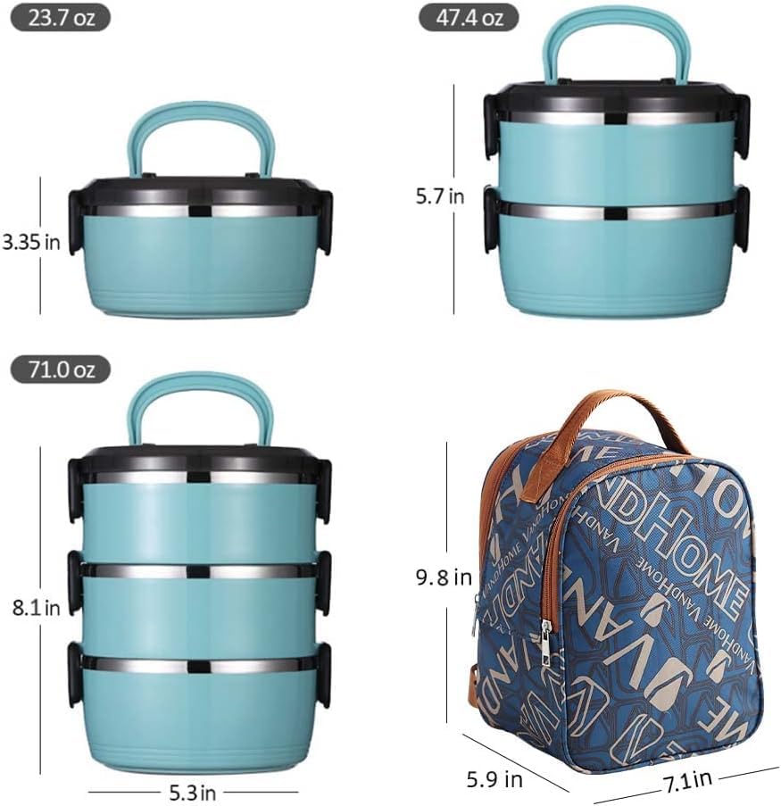 ArderLive Bento Lunch Box, Stackable Themral Insulated Lunch Container, Stainless Steel Leakproof Bento Box with Denim Lunch Bag & Cutlery for Adults(3 Layer,Blue)
