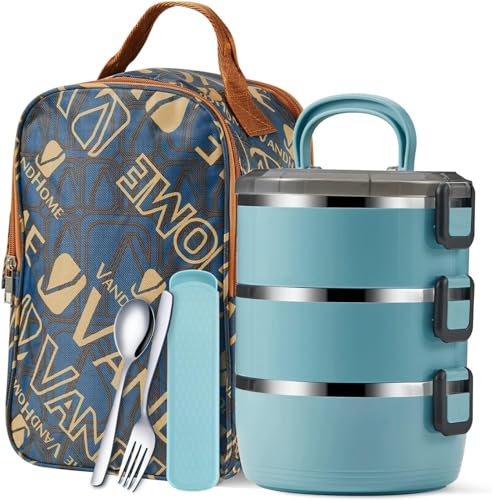 ArderLive Bento Lunch Box, Stackable Themral Insulated Lunch Container, Stainless Steel Leakproof Bento Box with Denim Lunch Bag & Cutlery for Adults(3 Layer,Blue)
