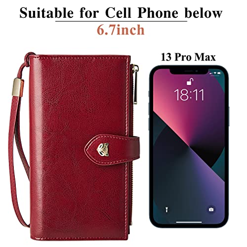 FOXLOVER Large Capacity Clutch Wallet For Women RFID Blocking Waxed Leather Multi Card Holder Organizer (Wine Red)