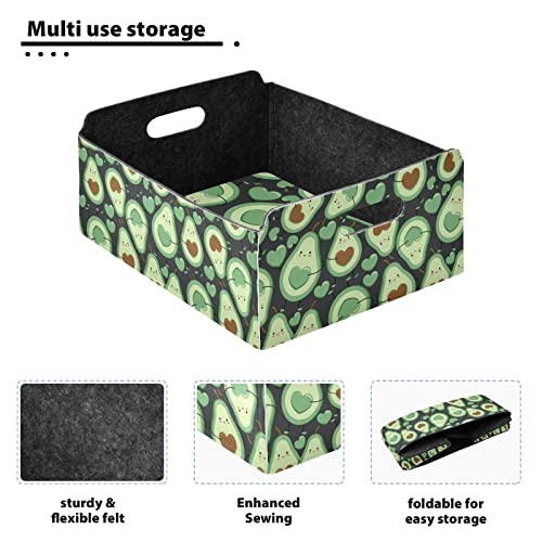 xigua Collapsible Felt Storage Bin, Foldable Storage Box with Handles, Fabric Storage Basket Organizer for Office, Closet, Books, Nursery Toys, Bedroom (Cute Avocado Pattern)