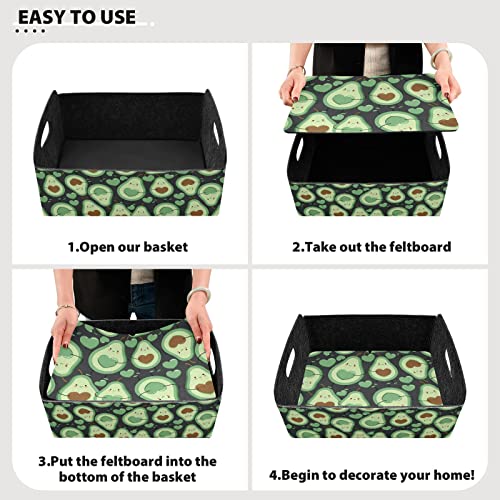 xigua Collapsible Felt Storage Bin, Foldable Storage Box with Handles, Fabric Storage Basket Organizer for Office, Closet, Books, Nursery Toys, Bedroom (Cute Avocado Pattern)