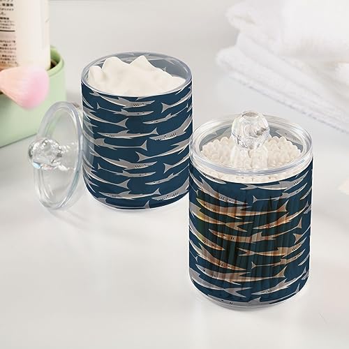 4 Pack Qtip Holder Dispenser Cute Sharks 14 oz Clear Plastic Apothecary Jar with Lids Bathroom Accessories Storage Containers Vanity Organizer for Cotton Swab, Ball, Pads, Floss