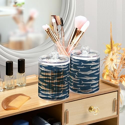 4 Pack Qtip Holder Dispenser Cute Sharks 14 oz Clear Plastic Apothecary Jar with Lids Bathroom Accessories Storage Containers Vanity Organizer for Cotton Swab, Ball, Pads, Floss