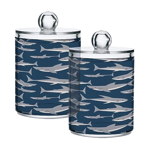4 Pack Qtip Holder Dispenser Cute Sharks 14 oz Clear Plastic Apothecary Jar with Lids Bathroom Accessories Storage Containers Vanity Organizer for Cotton Swab, Ball, Pads, Floss