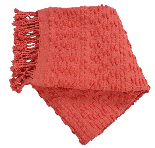 ACCENTHOME Cotton Throw Blanket with Tufted Decorative Design | 50''X60'' Cozy Chenille Knit Lightweight Boho Chic Blankets | Coral Soft Fringe Tassel Blankets for Couch, Bedroom, Living Room Sofa