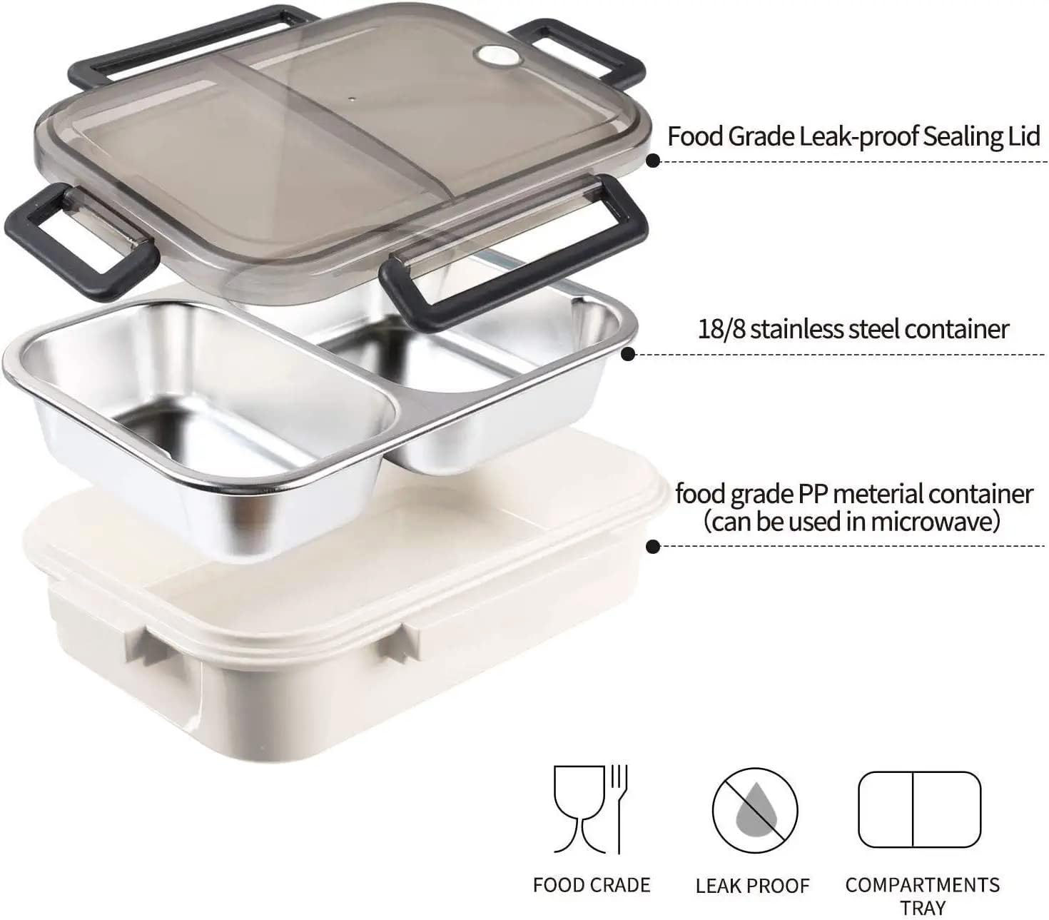 LANSKYWARE 2 Compartments Bento Lunch box with Lunch Bag and Portable Utensils, Stainless Steel Food Lunch Containers for Adults Men Women