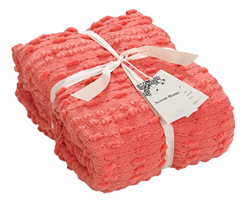 ACCENTHOME Cotton Throw Blanket with Tufted Decorative Design | 50''X60'' Cozy Chenille Knit Lightweight Boho Chic Blankets | Coral Soft Fringe Tassel Blankets for Couch, Bedroom, Living Room Sofa
