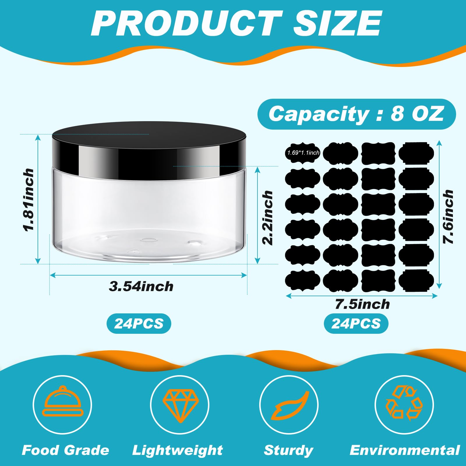 Dandat 24 Pcs Plastic Jars with Lid and Label PET Cosmetic Containers Leak Proof Empty Cosmetic Jars Refillable Storage Travel Containers for Lotion Cream Gel Powder(8 oz,Clear)