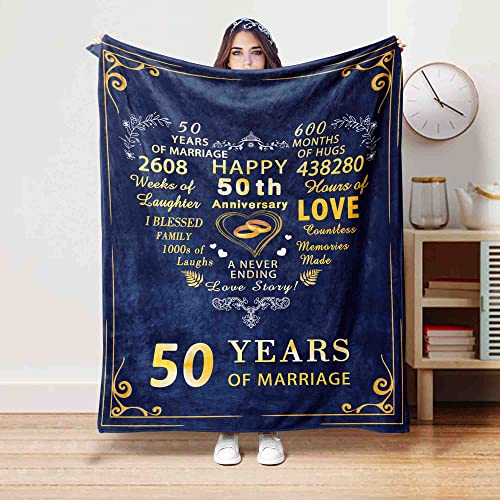 Happy 50th Wedding Blanket for Couple,50 Years of Marriage Gifts for Golden Anniversary,Parents by Years for Dad, Mom, Grandpa, Grandma, Grandparents 50X60 in -Blue
