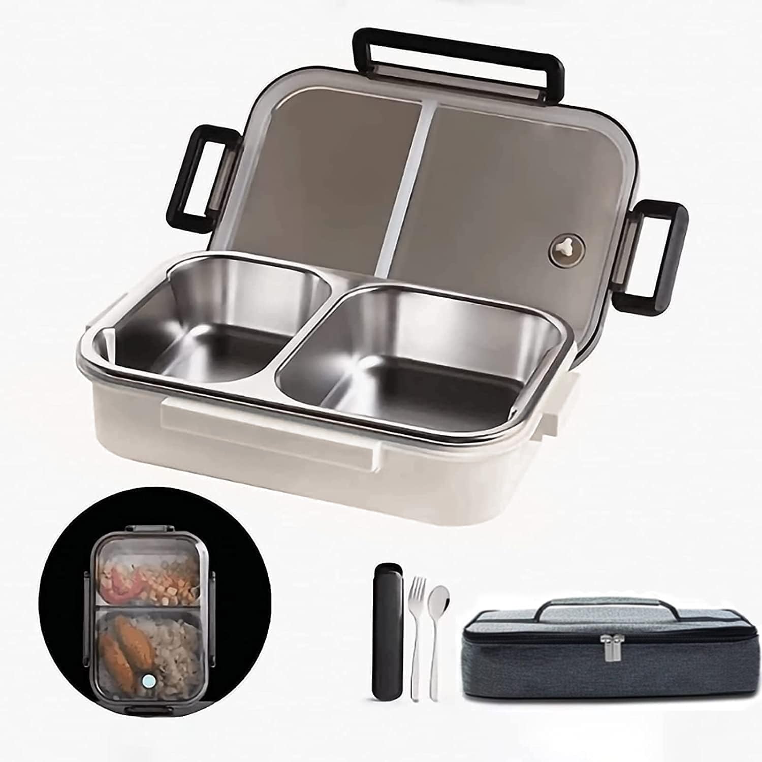 LANSKYWARE 2 Compartments Bento Lunch box with Lunch Bag and Portable Utensils, Stainless Steel Food Lunch Containers for Adults Men Women