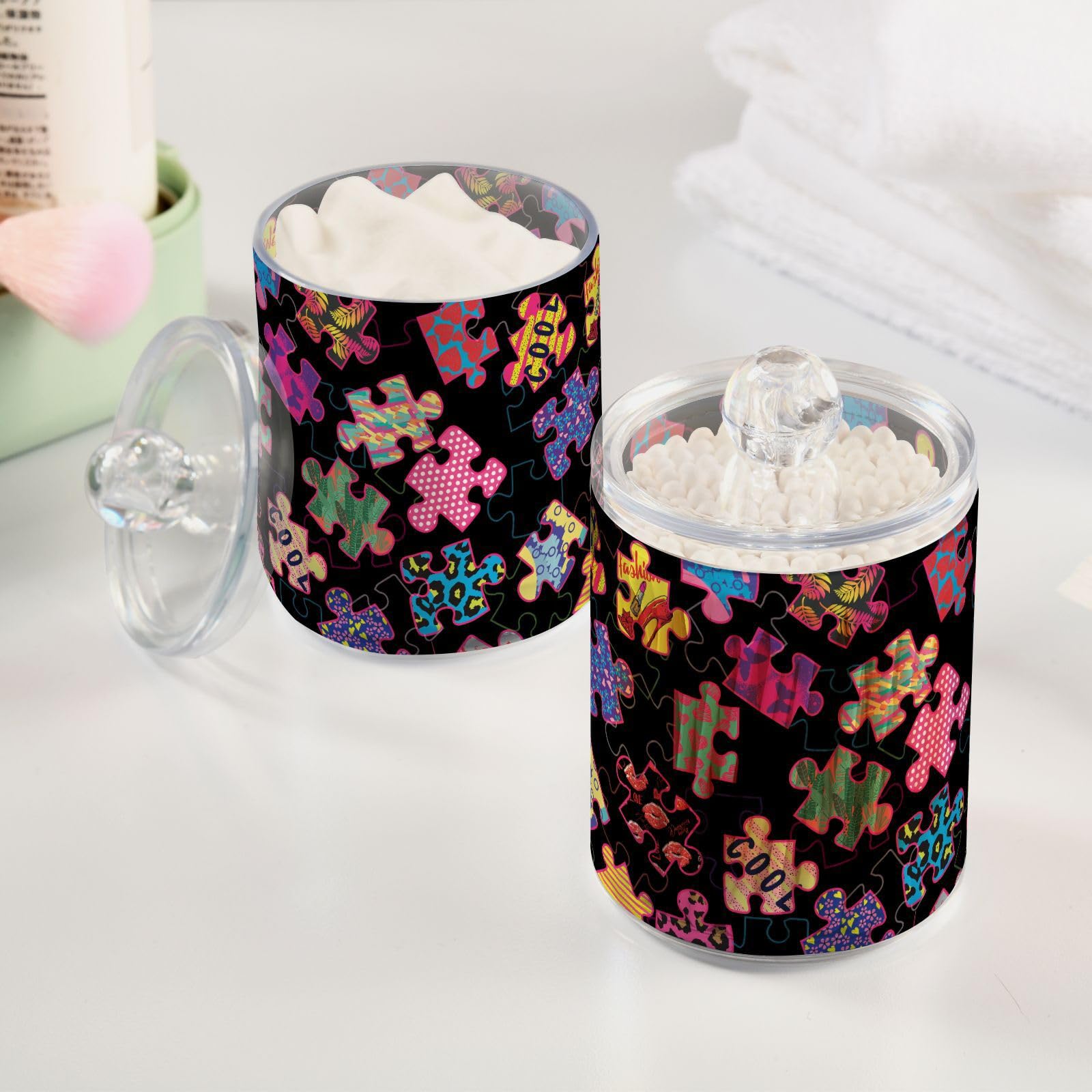 Puzzles 2 Pack Qtip Holder Organizer Dispenser Plastic Bathroom Jars Storage Containers with Lids Clear Plastic Storage Jars for Organizing