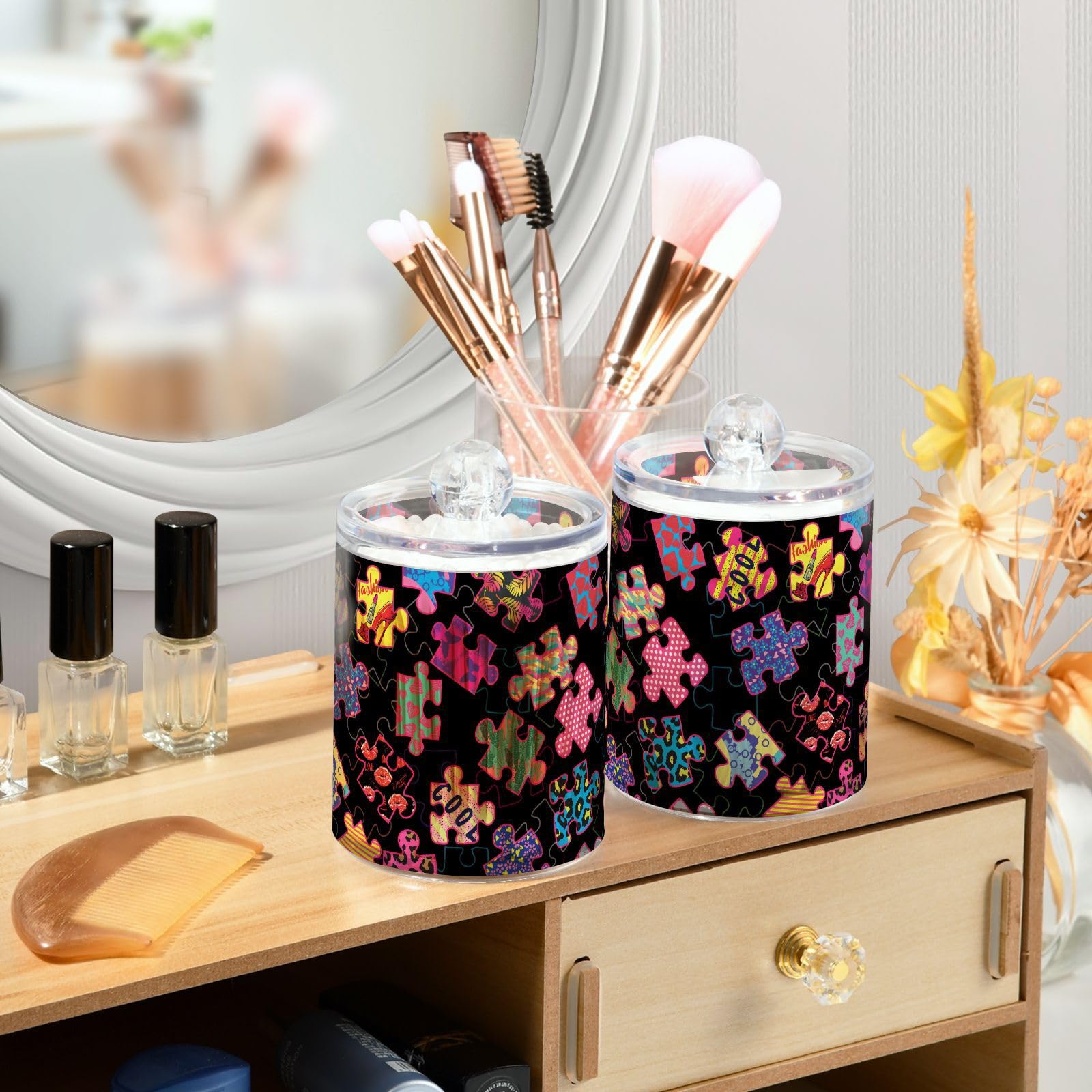 Puzzles 2 Pack Qtip Holder Organizer Dispenser Plastic Bathroom Jars Storage Containers with Lids Clear Plastic Storage Jars for Organizing