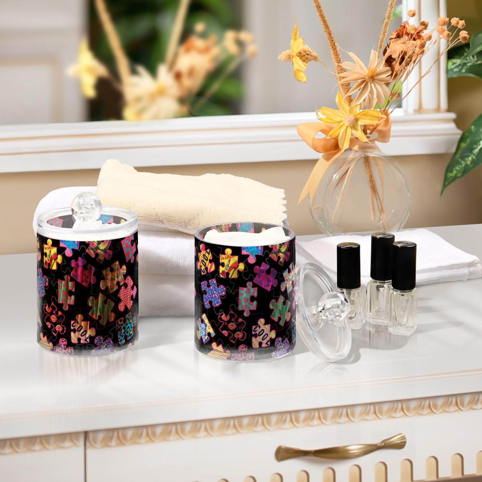 Puzzles 2 Pack Qtip Holder Organizer Dispenser Plastic Bathroom Jars Storage Containers with Lids Clear Plastic Storage Jars for Organizing