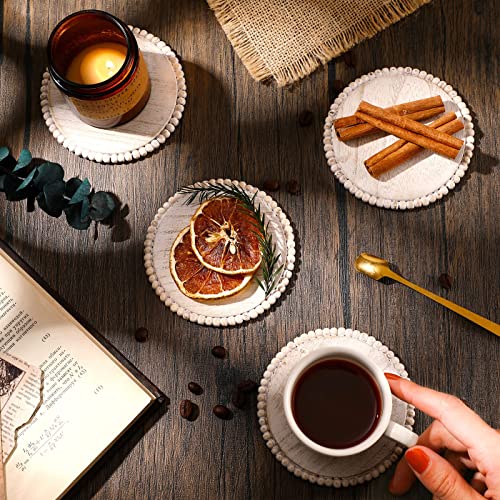 4 Pieces Wood Beaded Coasters 3.9 Inch Round Rustic Farmhouse Coasters Wooden Coasters for Drinks Decorative Table Top Coasters Wood Bar Coaster Set for Housewarming Home Kitchen (Beige)