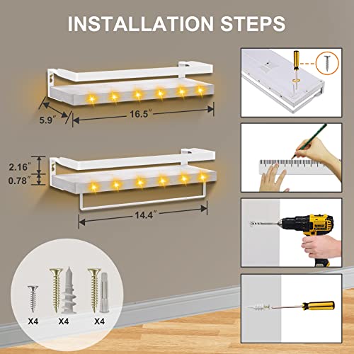Aofeng LED Floating Shelves Wall Mounted Set of 2,Rustic Wood Wall Storage Shelves with Towel Rack for Bathroom, Kitchen, Bedroom, Living Room, Office, White