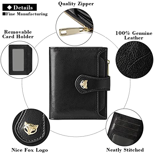 FOXLOVER Small Leather Wallets for Women Ladies RFID Blocking Bifold Zipper Pocket Wallets with ID Window (Black)