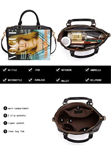 Satchel Handbags For Women Genuine Leather Shoulder Tote Handbags With Adjustable Strap (Black)
