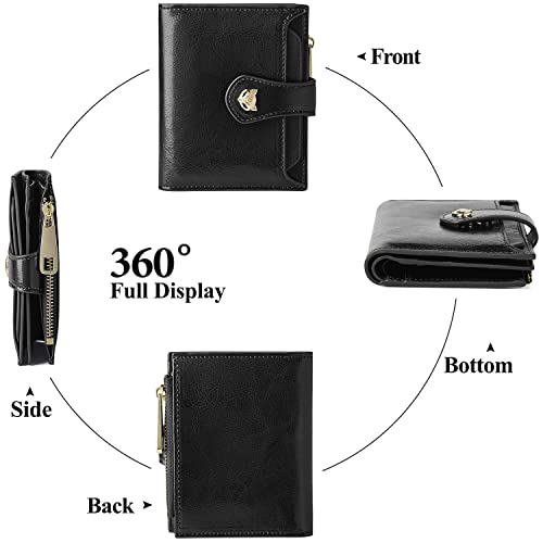FOXLOVER Small Leather Wallets for Women Ladies RFID Blocking Bifold Zipper Pocket Wallets with ID Window (Black)