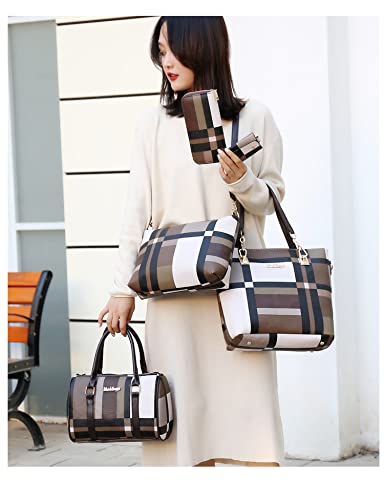 Women Fashion Handbags Wallet Tote Bag Shoulder Bag Top Handle Satchel Purse Set 4pcs (Brown)