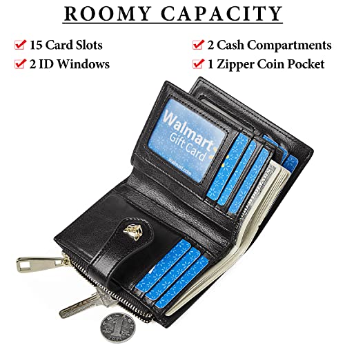 FOXLOVER Small Leather Wallets for Women Ladies RFID Blocking Bifold Zipper Pocket Wallets with ID Window (Black)