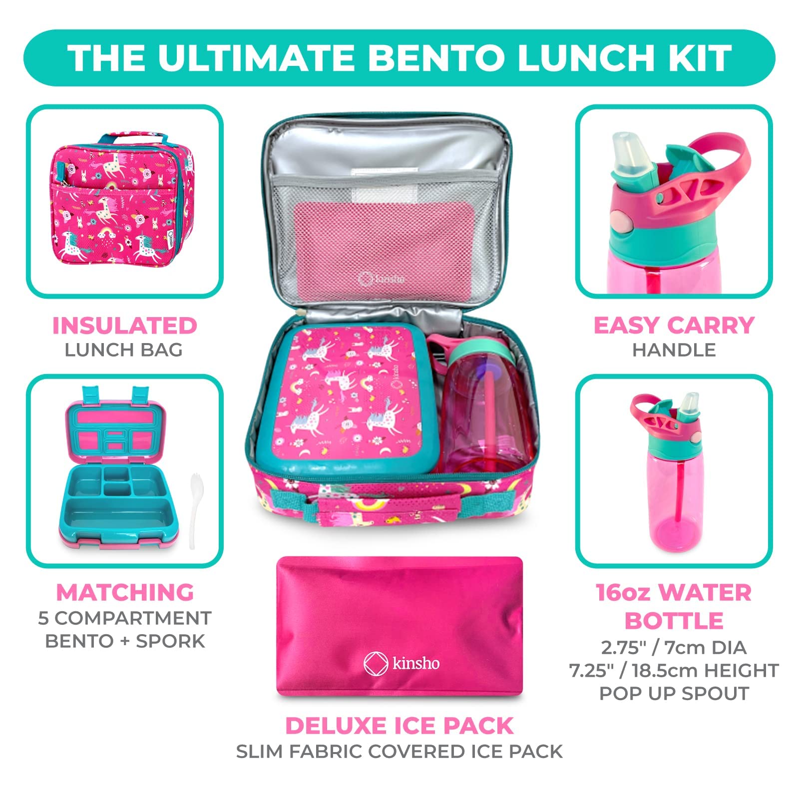 Bento Lunch Box with Insulated Bag, Water Bottle Ice Pack Set for Kids Toddlers, 5 Portion Sections, BPA Free Removable Tray, Pre-School Kid Toddler Daycare Lunches, Snack Container, Pink Unicorn
