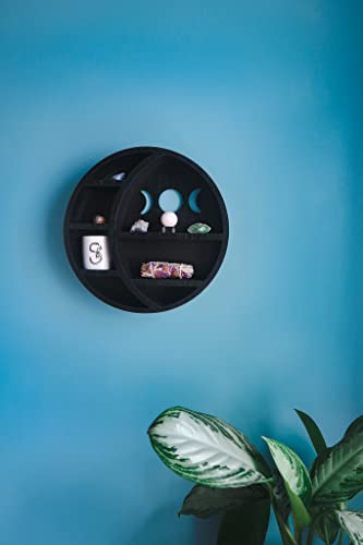 Kanley Crescent Moon Shelf for Crystals Stone, Essential Oil, Small Plant and Art - Wall, Room, and Gothic Witchy Decor - Moon Phase Rustic Boho Shelfs - Wooden Hanging Floating Shelves - (Black)