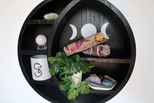 Kanley Crescent Moon Shelf for Crystals Stone, Essential Oil, Small Plant and Art - Wall, Room, and Gothic Witchy Decor - Moon Phase Rustic Boho Shelfs - Wooden Hanging Floating Shelves - (Black)