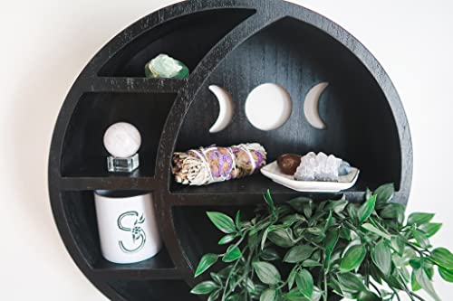 Kanley Crescent Moon Shelf for Crystals Stone, Essential Oil, Small Plant and Art - Wall, Room, and Gothic Witchy Decor - Moon Phase Rustic Boho Shelfs - Wooden Hanging Floating Shelves - (Black)
