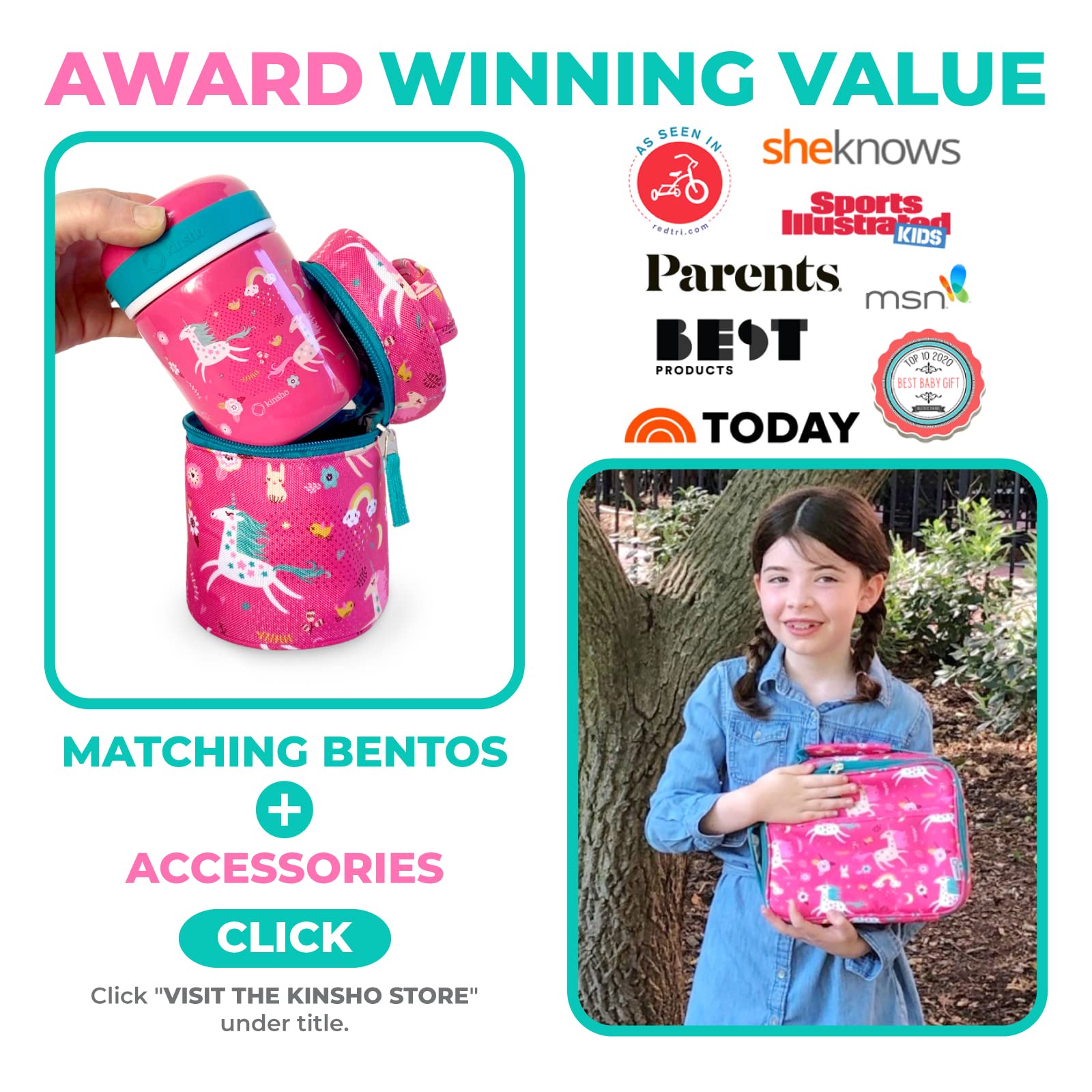 Bento Lunch Box with Insulated Bag, Water Bottle Ice Pack Set for Kids Toddlers, 5 Portion Sections, BPA Free Removable Tray, Pre-School Kid Toddler Daycare Lunches, Snack Container, Pink Unicorn