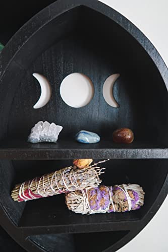 Kanley Crescent Moon Shelf for Crystals Stone, Essential Oil, Small Plant and Art - Wall, Room, and Gothic Witchy Decor - Moon Phase Rustic Boho Shelfs - Wooden Hanging Floating Shelves - (Black)