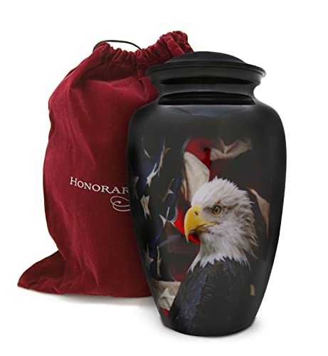Honorary Memorials Patriotic Hearts Eagle Urn for Human Ashes | American Flag Cremation Urn for Adults, Cremation Urn for Veteran, Cremation Urns Medium Size, Handmade Funeral Urns with Velvet Bag
