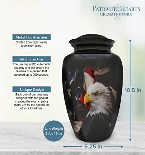 Honorary Memorials Patriotic Hearts Eagle Urn for Human Ashes | American Flag Cremation Urn for Adults, Cremation Urn for Veteran, Cremation Urns Medium Size, Handmade Funeral Urns with Velvet Bag