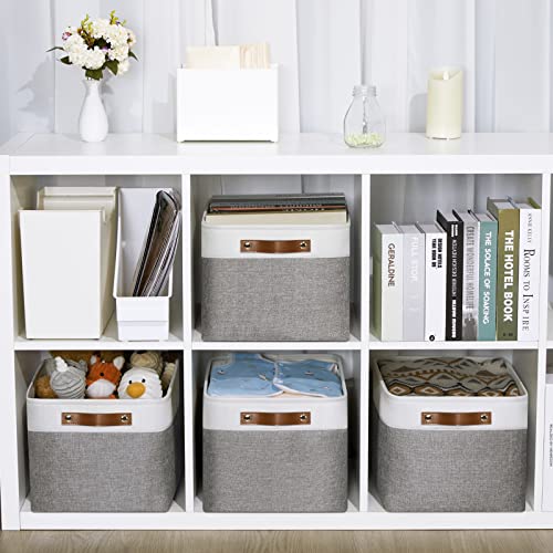 DULLEMELO Fabric Baskets for Storage, Office, Home,Nursery,Organizing Baskets for Shelves, Bedroom, Toys,Gift,Fabric Storage Basket with Handles(White&Grey,15"x11"x9.5",4-Pack)