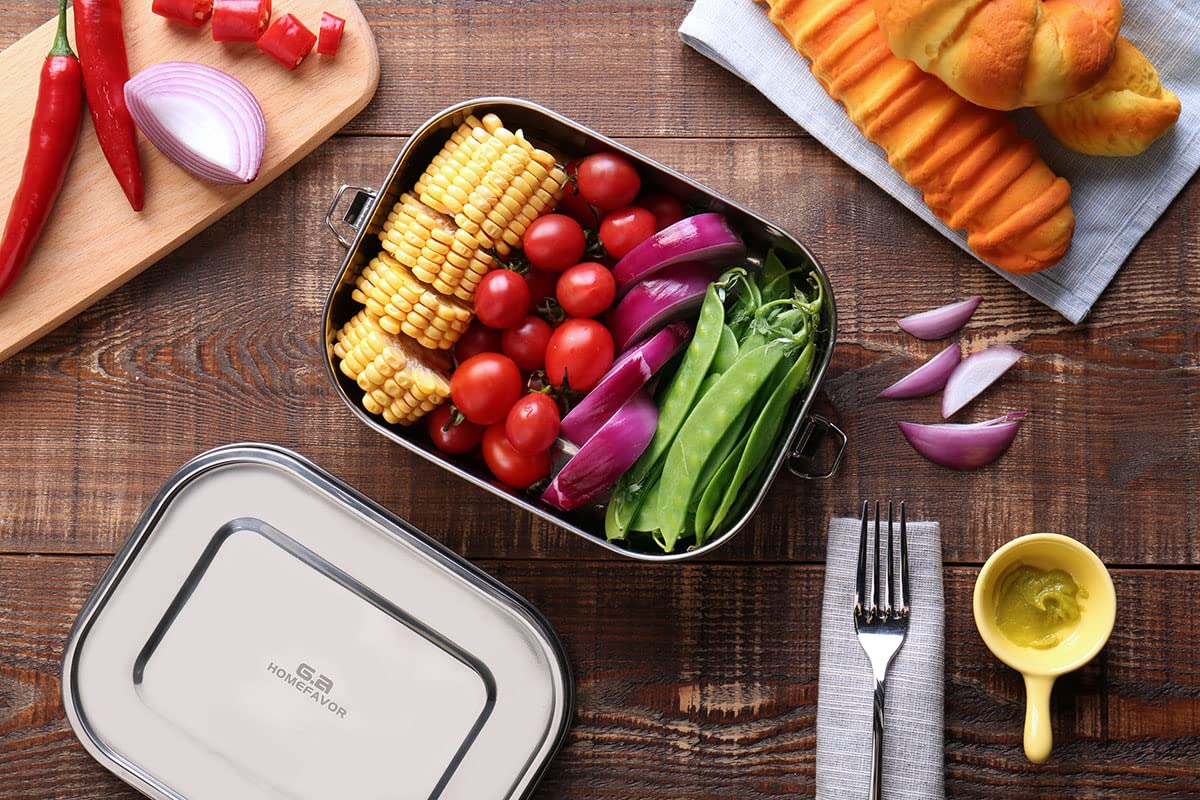 G.a HOMEFAVOR Stainless Steel Bento Lunch Box Container with Lock Clips Design, 1200ML Metal Lunch Box Containers - Dishwasher Safe - Stainless Lid - Leak Proof (No Compartments)