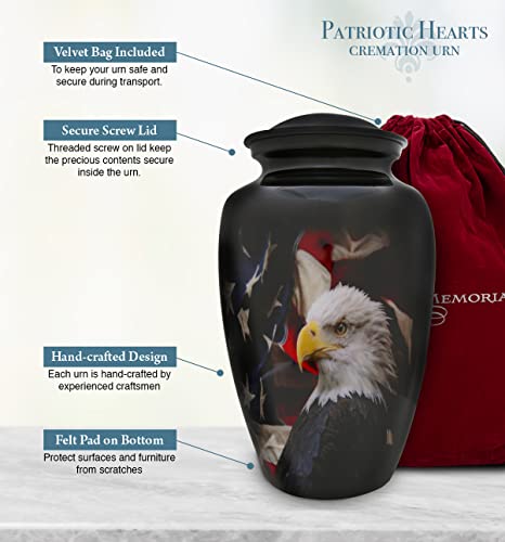 Honorary Memorials Patriotic Hearts Eagle Urn for Human Ashes | American Flag Cremation Urn for Adults, Cremation Urn for Veteran, Cremation Urns Medium Size, Handmade Funeral Urns with Velvet Bag