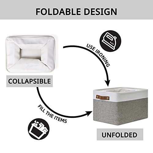 DULLEMELO Fabric Baskets for Storage, Office, Home,Nursery,Organizing Baskets for Shelves, Bedroom, Toys,Gift,Fabric Storage Basket with Handles(White&Grey,15"x11"x9.5",4-Pack)