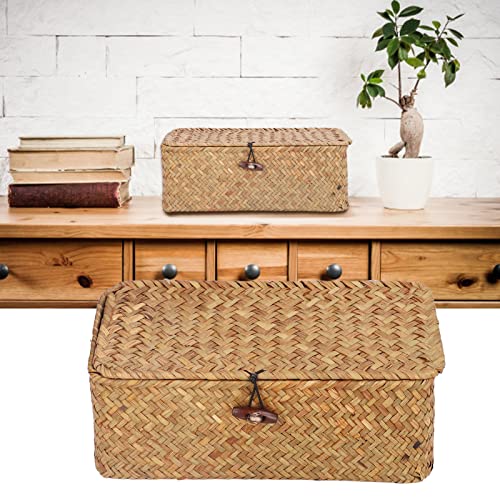 Seagrass Storage Basket, Rectangular Seagrass Basket, Natural Seagrass Storage Basket Woven Rectangular Shelf Basket Bins with Lids Desktop Organizer Wicker Baskets for Organizing(M)