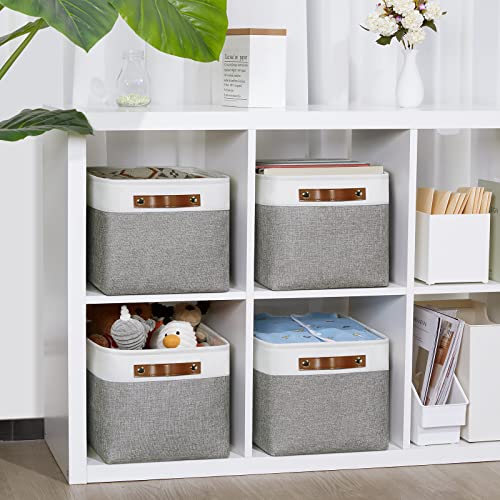 DULLEMELO Fabric Baskets for Storage, Office, Home,Nursery,Organizing Baskets for Shelves, Bedroom, Toys,Gift,Fabric Storage Basket with Handles(White&Grey,15"x11"x9.5",4-Pack)