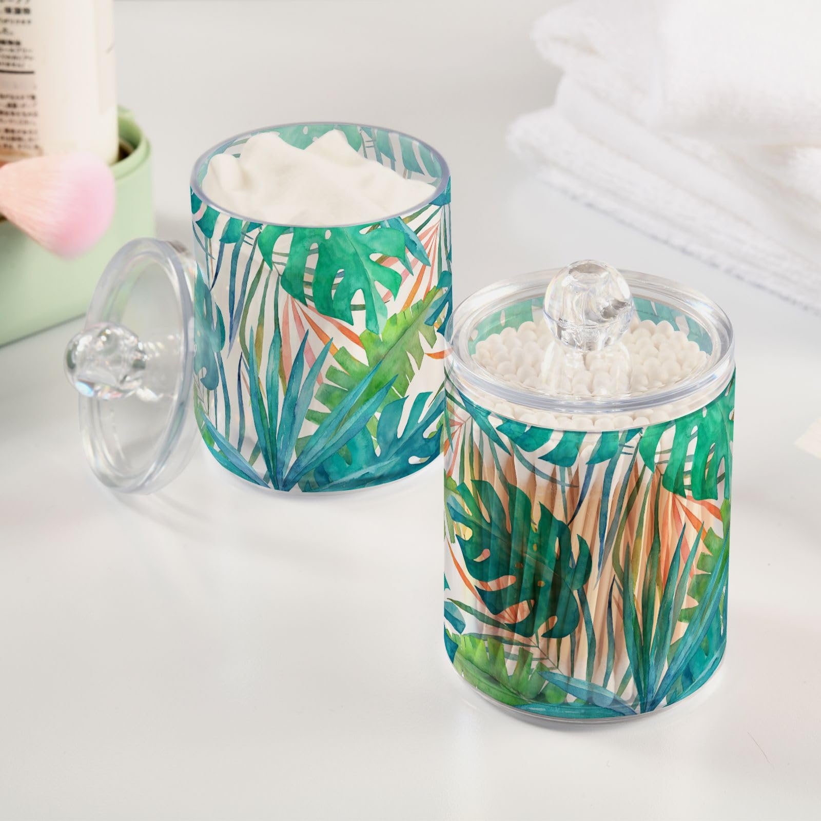 Palm Leaves 2 Pack Qtip Holder Organizer Dispenser Plastic Bathroom Jars Storage Containers with Lids Clear Jars for Home Bathroom Decor