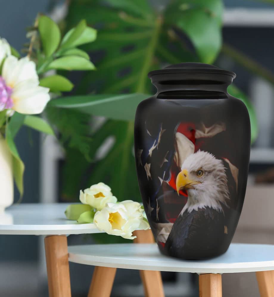 Honorary Memorials Patriotic Hearts Eagle Urn for Human Ashes | American Flag Cremation Urn for Adults, Cremation Urn for Veteran, Cremation Urns Medium Size, Handmade Funeral Urns with Velvet Bag