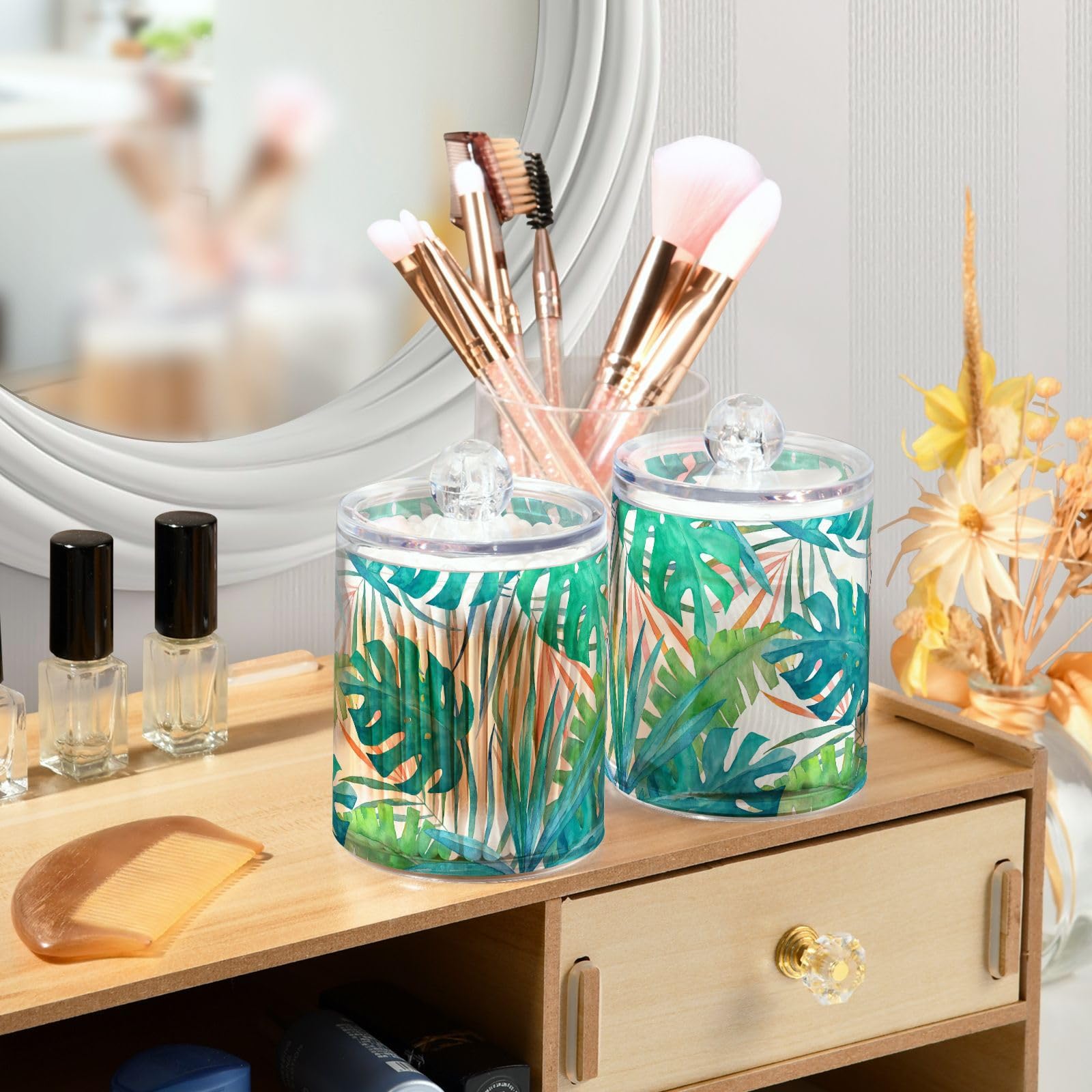 Palm Leaves 2 Pack Qtip Holder Organizer Dispenser Plastic Bathroom Jars Storage Containers with Lids Clear Jars for Home Bathroom Decor