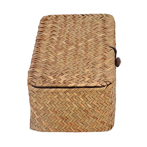 Seagrass Storage Basket, Rectangular Seagrass Basket, Natural Seagrass Storage Basket Woven Rectangular Shelf Basket Bins with Lids Desktop Organizer Wicker Baskets for Organizing(M)